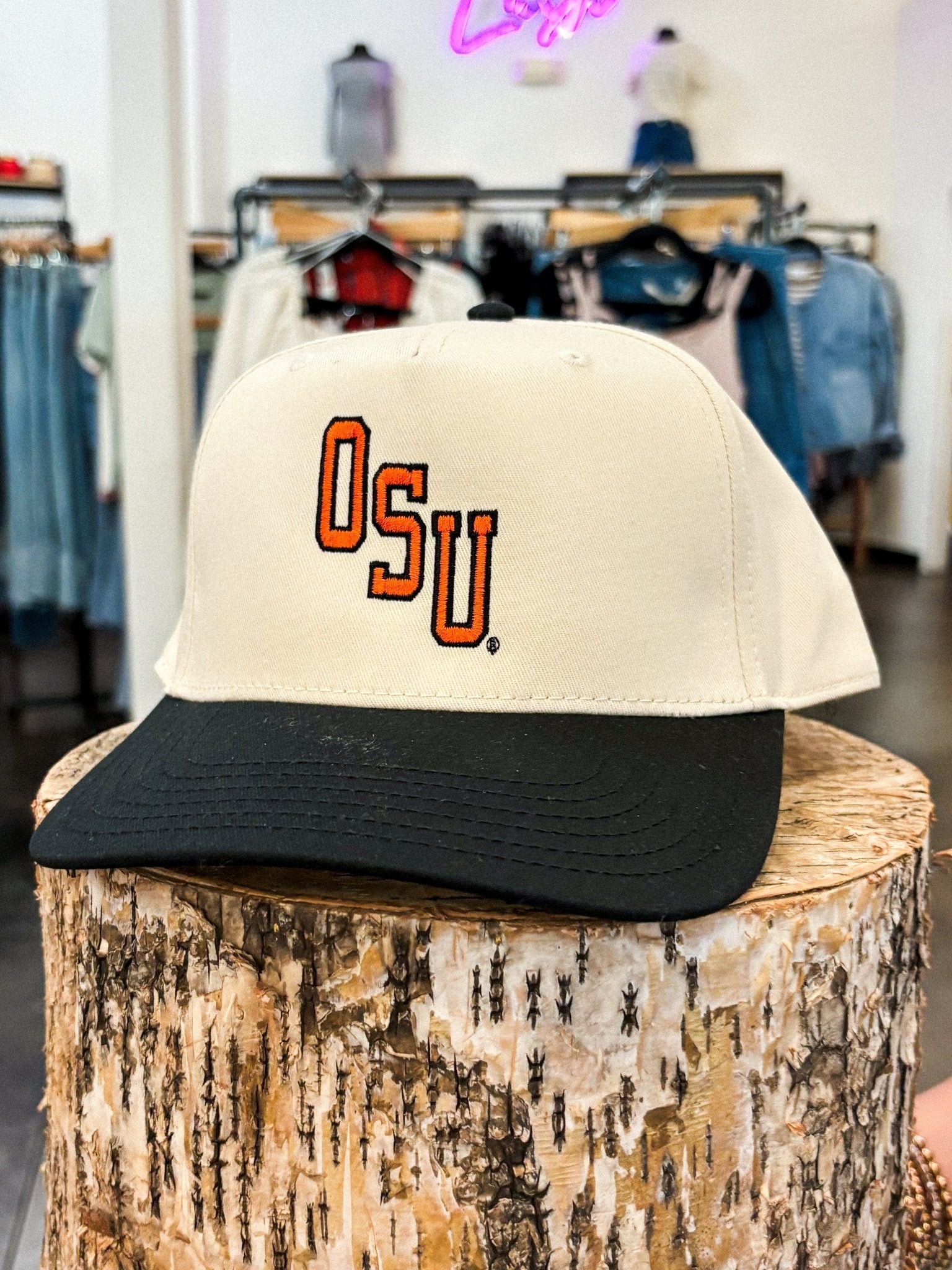 OSU diagonal two tone hat natural/black - Lush Fashion Lounge
